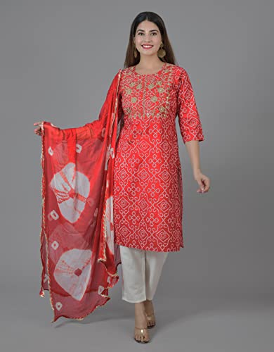 Vrnda Women's Cotton Straight Bandhej Printed kurta With Yoke Embroidery Red Kurti with White Pant and printed Dupatta Set (L)