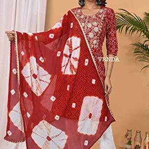 Vrnda Women's Cotton Straight Bandhej Printed kurta With Yoke Embroidery Red Kurti with White Pant and printed Dupatta Set (L)