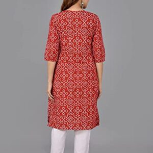 Vrnda Women's Cotton Straight Bandhej Printed kurta With Yoke Embroidery Red Kurti with White Pant and printed Dupatta Set (L)