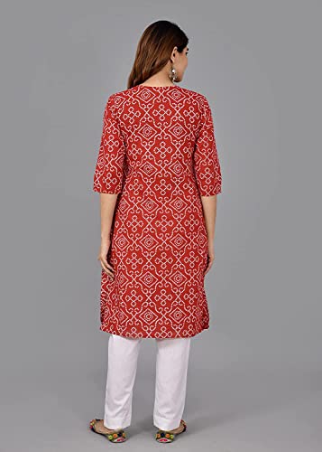 Vrnda Women's Cotton Straight Bandhej Printed kurta With Yoke Embroidery Red Kurti with White Pant and printed Dupatta Set (L)