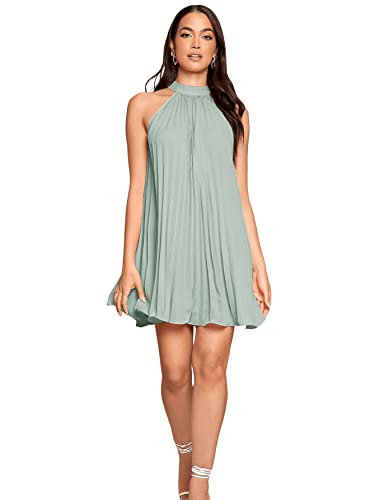 SweatyRocks Women's Sleeveless Tie Back Halter Dress Mini Swing Pleated A-line Skater Dress Green L