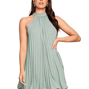 SweatyRocks Women's Sleeveless Tie Back Halter Dress Mini Swing Pleated A-line Skater Dress Green L