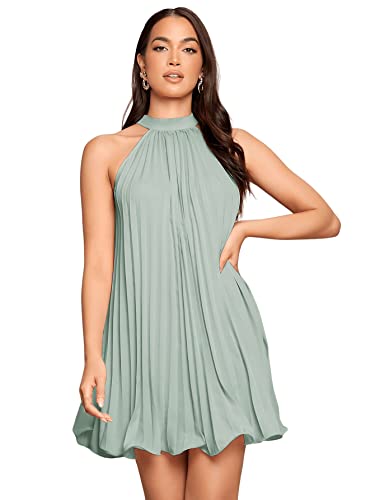 SweatyRocks Women's Sleeveless Tie Back Halter Dress Mini Swing Pleated A-line Skater Dress Green L