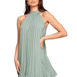 SweatyRocks Women's Sleeveless Tie Back Halter Dress Mini Swing Pleated A-line Skater Dress Green L