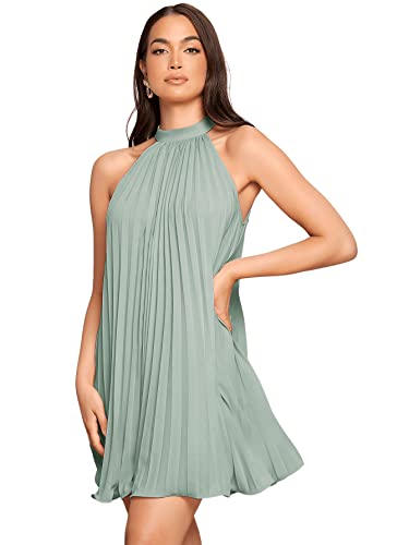 SweatyRocks Women's Sleeveless Tie Back Halter Dress Mini Swing Pleated A-line Skater Dress Green L