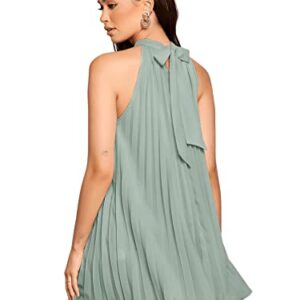 SweatyRocks Women's Sleeveless Tie Back Halter Dress Mini Swing Pleated A-line Skater Dress Green L