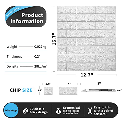 Art3d 30Pcs 3D Brick Wallpaper in White, Faux Foam Brick Wall Panels Peel and Stick, Waterproof for Bedroom, Living Room, and Laundry Decor (43.5Sq.Ft)