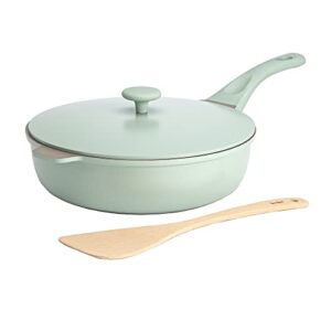 goodful all-in-one pan, multilayer nonstick, high-performance cast construction, multipurpose design replaces multiple pots and pans, dishwasher safe cookware, 11-inch, 4.4-quart capacity, sage green