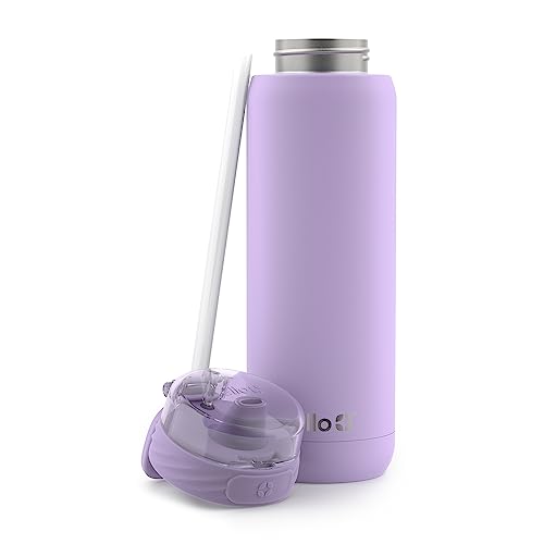 Ello Cooper Vacuum Insulated Stainless Steel Water Bottle with Soft Straw and Carry Loop, Double Walled, Leak Proof, Lilac, 32oz