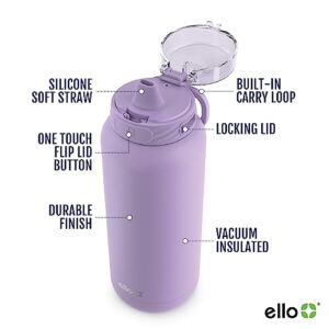 Ello Cooper Vacuum Insulated Stainless Steel Water Bottle with Soft Straw and Carry Loop, Double Walled, Leak Proof, Lilac, 32oz