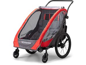 schwinn summit deluxe kids double bike trailer, child carrier seats 2 riders, max weight 87lbs, converts to stroller, 20-inch wheels, red