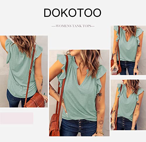 Dokotoo Womens Cute Ruffle Cap Sleeve Tank Tops 2023 Summer New Sexy Casual V Neck Solid Color Sleeveless Tee Shrits for Ladies Teen Girls Juniors (Green, Medium)