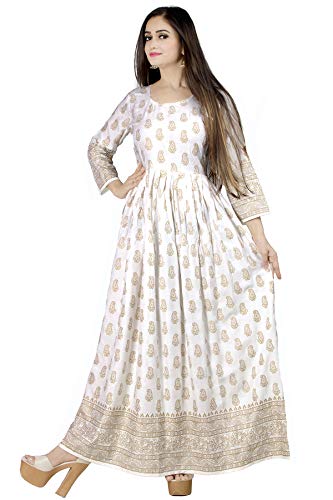 Chandrakala Gold Foil Printed Long Kurti for Women Rayon Indian Anarkali Ethnic Tunic Top Kurta Kurti Dress,X-Large (K199WHI4)