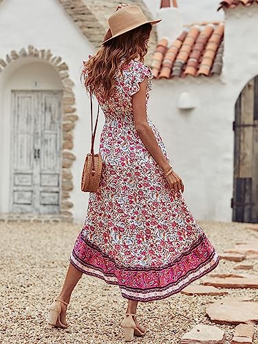 PRETTYGARDEN Summer Dresses for Women 2023 - V Neck Floral High Low Flowy Maxi Dress White