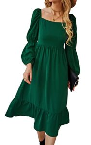 aovde women's square neck 3/4 sleeve dress solid color high waist fall dress casual party flowy midi dress green small