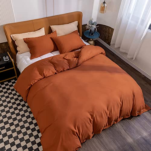 Argstar 3 Pieces Button Closure Duvet Cover Set Queen, Burnt Orange Duvet Cover with Buttons, 100% Microfiber Soft & Easy Care Bedding Comforter Cover with Ties (1 Rust Duvet Cover, 2 Pillowcases)