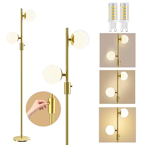 bulbeats Dimmable Gold Floor Lamp, Globe Standing Lamp for Living Room with 2PCS 3000K G9 Bulbs, Frosted Shades, Mid Century Modern Tall Lamps for Bedroom Office Home Decor