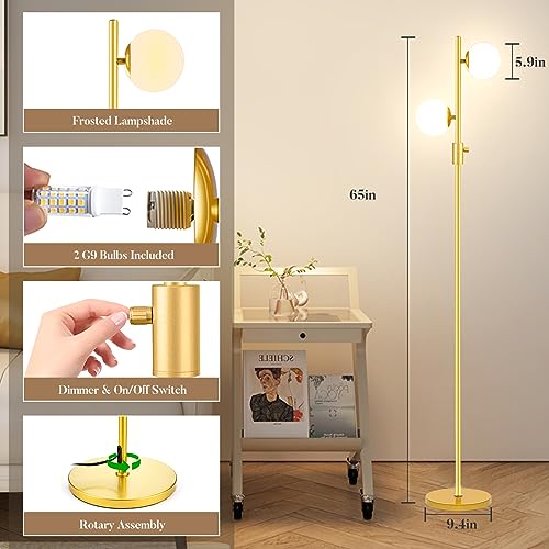 bulbeats Dimmable Gold Floor Lamp, Globe Standing Lamp for Living Room with 2PCS 3000K G9 Bulbs, Frosted Shades, Mid Century Modern Tall Lamps for Bedroom Office Home Decor