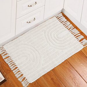 LEEVAN Boho Bathroom [Rug]s 2'x3' Handmade Washable Beige Bath Mat with Tassels Bohemian [Kitchen] Runner Farmhouse Cotton Entryway [Rug] for Bedroom/Laundry Room Accent Woven Throw [Rug]