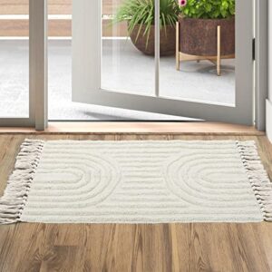 LEEVAN Boho Bathroom [Rug]s 2'x3' Handmade Washable Beige Bath Mat with Tassels Bohemian [Kitchen] Runner Farmhouse Cotton Entryway [Rug] for Bedroom/Laundry Room Accent Woven Throw [Rug]