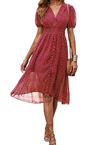 PRETTYGARDEN Red Dress for Women Dressy Bohemian Dress for Beach Pleated Modest Knee Length Swing Dresses Plus Size Vacation Lightweight Dress Casual Floral Dress(Red, Small)