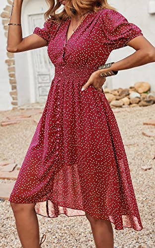 PRETTYGARDEN Red Dress for Women Dressy Bohemian Dress for Beach Pleated Modest Knee Length Swing Dresses Plus Size Vacation Lightweight Dress Casual Floral Dress(Red, Small)