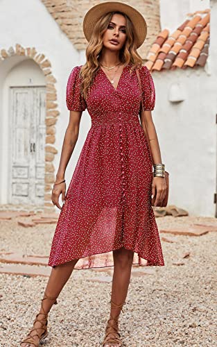 PRETTYGARDEN Red Dress for Women Dressy Bohemian Dress for Beach Pleated Modest Knee Length Swing Dresses Plus Size Vacation Lightweight Dress Casual Floral Dress(Red, Small)