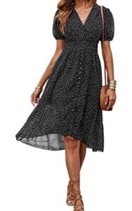 prettygarden casual summer dresses for women knee length polka dot floral printed short sleeve wrap dress midi button down dress for women wedding guest (black, medium)