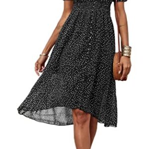 PRETTYGARDEN Casual Summer Dresses for Women Knee Length Polka Dot Floral Printed Short Sleeve Wrap Dress Midi Button Down Dress for Women Wedding Guest (Black, Medium)