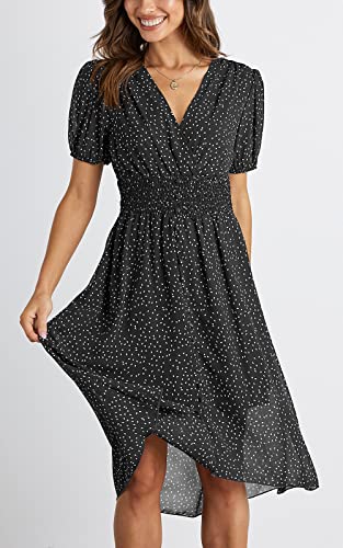 PRETTYGARDEN Casual Summer Dresses for Women Knee Length Polka Dot Floral Printed Short Sleeve Wrap Dress Midi Button Down Dress for Women Wedding Guest (Black, Medium)