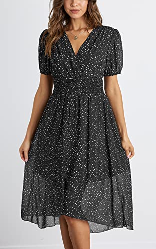 PRETTYGARDEN Casual Summer Dresses for Women Knee Length Polka Dot Floral Printed Short Sleeve Wrap Dress Midi Button Down Dress for Women Wedding Guest (Black, Medium)