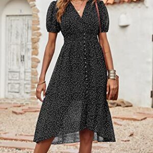 PRETTYGARDEN Casual Summer Dresses for Women Knee Length Polka Dot Floral Printed Short Sleeve Wrap Dress Midi Button Down Dress for Women Wedding Guest (Black, Medium)