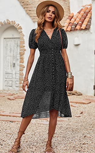 PRETTYGARDEN Casual Summer Dresses for Women Knee Length Polka Dot Floral Printed Short Sleeve Wrap Dress Midi Button Down Dress for Women Wedding Guest (Black, Medium)