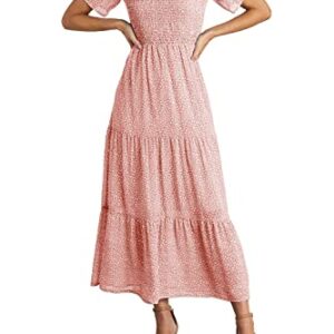 BTFBM Women Casual Short Sleeve Crew Neck Summer Dress Bohemian Floral Printed Flowy Maxi Dresses Tiered Cocktail Dress（Pink, Small