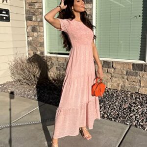 BTFBM Women Casual Short Sleeve Crew Neck Summer Dress Bohemian Floral Printed Flowy Maxi Dresses Tiered Cocktail Dress（Pink, Small