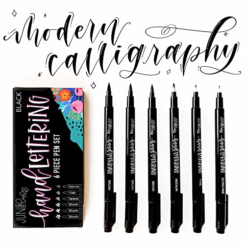 June & Lucy Brush Pens - Calligraphy Pens for Journaling with Black Pen Brush Ink 6 Piece Modern Hand Lettering and Modern Calligraphy Set for Beginners, Brush Pens & Markers with Felt Tip