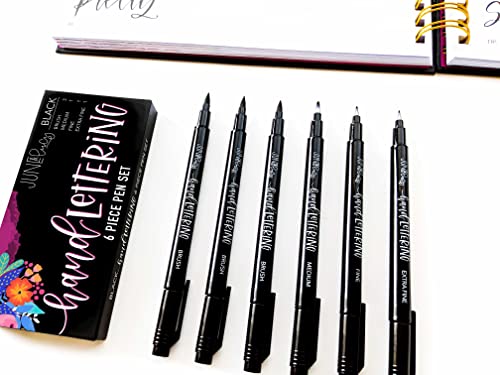 June & Lucy Brush Pens - Calligraphy Pens for Journaling with Black Pen Brush Ink 6 Piece Modern Hand Lettering and Modern Calligraphy Set for Beginners, Brush Pens & Markers with Felt Tip