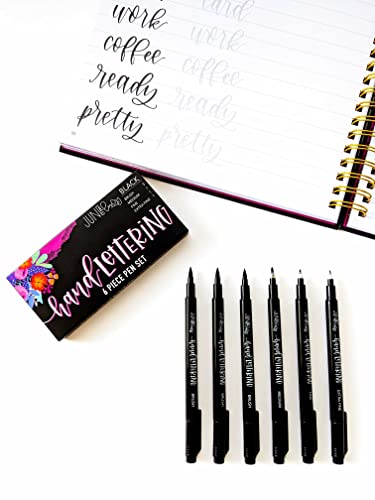 June & Lucy Brush Pens - Calligraphy Pens for Journaling with Black Pen Brush Ink 6 Piece Modern Hand Lettering and Modern Calligraphy Set for Beginners, Brush Pens & Markers with Felt Tip