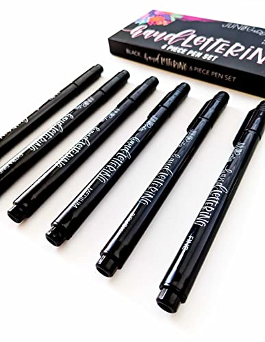 June & Lucy Brush Pens - Calligraphy Pens for Journaling with Black Pen Brush Ink 6 Piece Modern Hand Lettering and Modern Calligraphy Set for Beginners, Brush Pens & Markers with Felt Tip