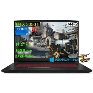 msi katana gf76 17 gaming laptop 17.3” fhd ips 144hz thin bezel display 11th gen intel 8-core i7-11800h 16gb ram 512gb ssd geforce rtx 3050 ti 4gb backlit usb-c nahimic win10pro black + hdmi cable