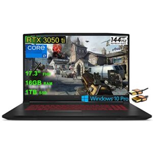 msi katana gf76 17 gaming laptop 17.3” fhd ips 144hz thin bezel display 11th gen intel 8-core i7-11800h 16gb ram 1tb ssd geforce rtx 3050 ti 4gb backlit usb-c nahimic win10pro black + hdmi cable