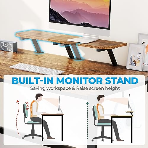 GreenForest Computer Desk 68.8 inch with Storage Printer Shelf Reversible Home Office Desk Large Study Writing Table with Movable Monitor Stand and 2 Headphone Hooks for PC Gaming Working, Walnut