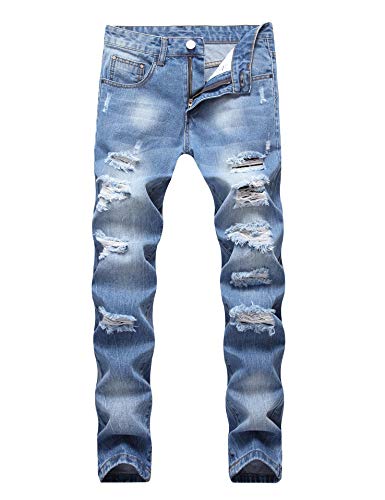 Enrica Men's Ripped Distressed Destroyed Straight Fit Washed Denim Jeans(405 Blue, 44)