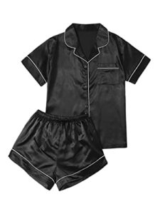 makemechic women's plus size satin button down pajama set silk short sleeve sleepwear black 4xl