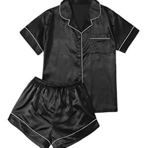 MakeMeChic Women's Plus Size Satin Button Down Pajama Set Silk Short Sleeve Sleepwear Black 4XL