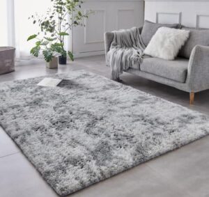 tabayon shag area rug, 4' x 6' tie-dyed light grey indoor ultra soft plush rugs for living room, non-skid nursery faux fur rugs for kids room home décor