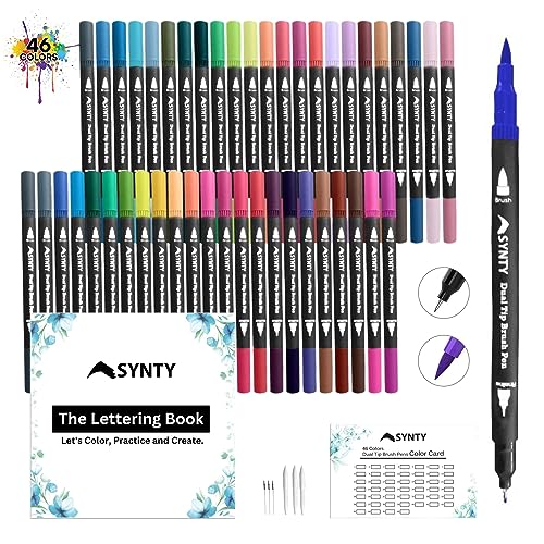 SYNTY 46 Brush Pens, Water-Based, Odourless & Leak Proof Dual Tip – Professional brush markers for Calligraphy, Lettering, Sketching & Drawing