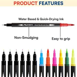 SYNTY 46 Brush Pens, Water-Based, Odourless & Leak Proof Dual Tip – Professional brush markers for Calligraphy, Lettering, Sketching & Drawing