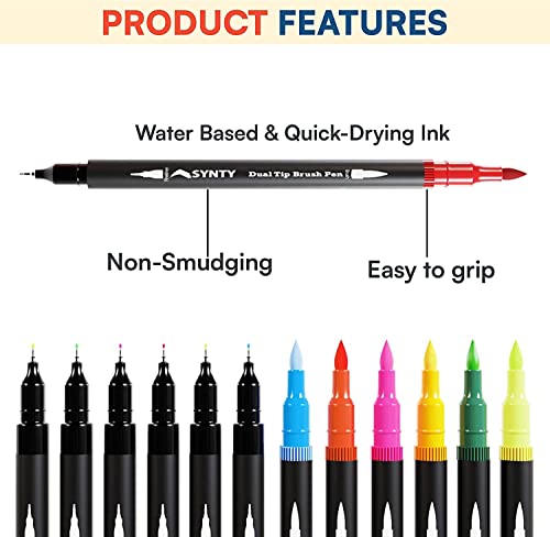 SYNTY 46 Brush Pens, Water-Based, Odourless & Leak Proof Dual Tip – Professional brush markers for Calligraphy, Lettering, Sketching & Drawing