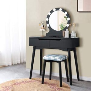 AUGESTER Vanity Set with 8 Lighted Bulbs Mirror, Makeup Dressing Table w/Replaceable and Adjustable Lights Cushioned Stool & 2 Sliding Drawers, Compact Makeup Table Chair for Bedroom   (Black)